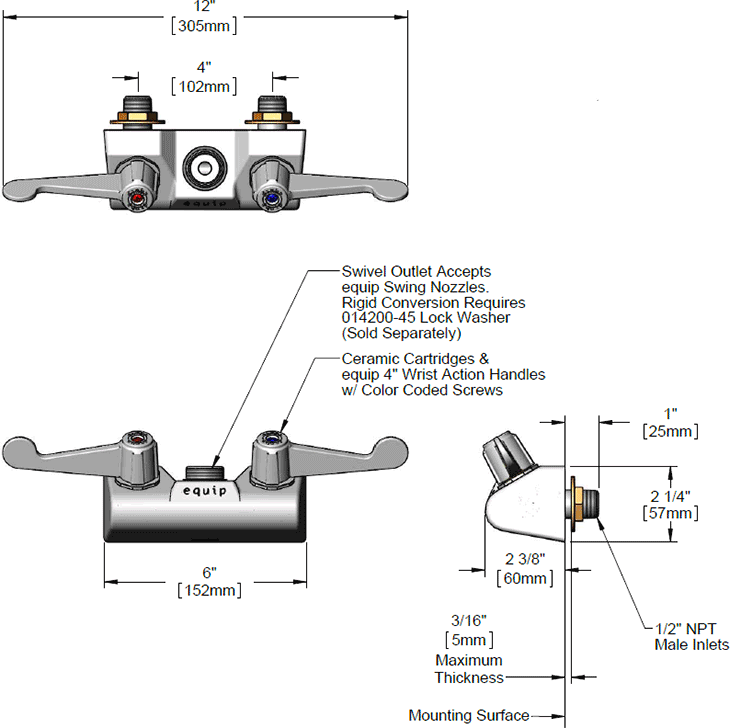 Equip 4 Wall Mount Faucet, 4 Wrist-Action Handles, Less No
